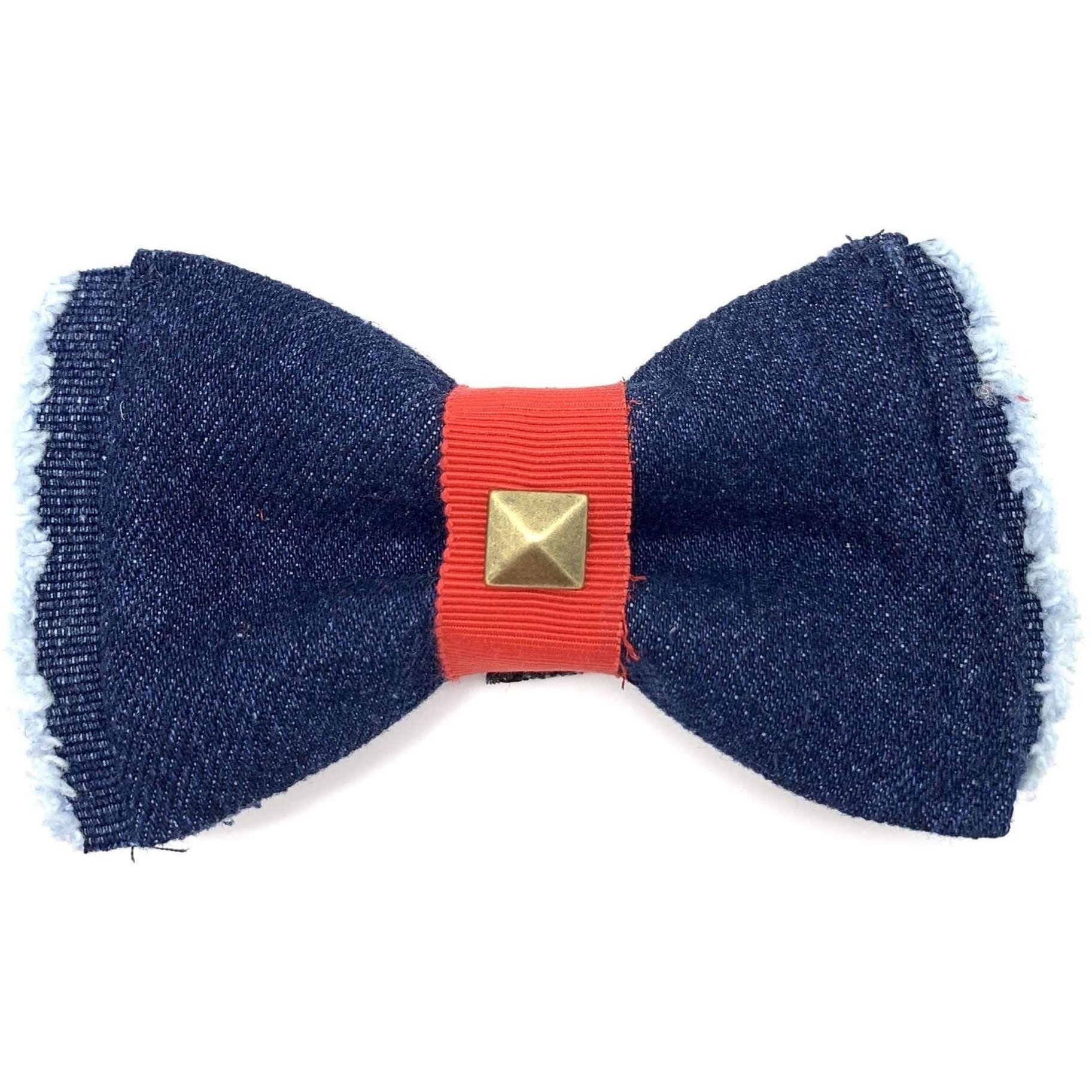 Frayed denim & red collar with bronze studs